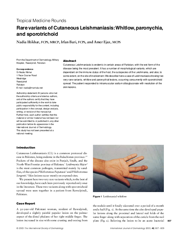 (PDF) Rare variants of Cutaneous Leishmaniasis: Whitlow, paronychia ...