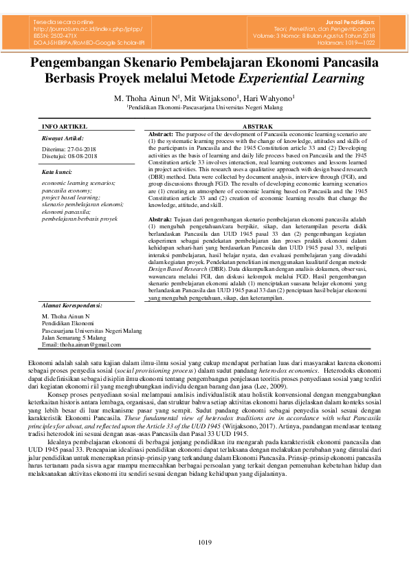 (PDF) Pengembangan Skenario Pembelajaran Ekonomi Pancasila Berbasis Proyek melalui Metode ...