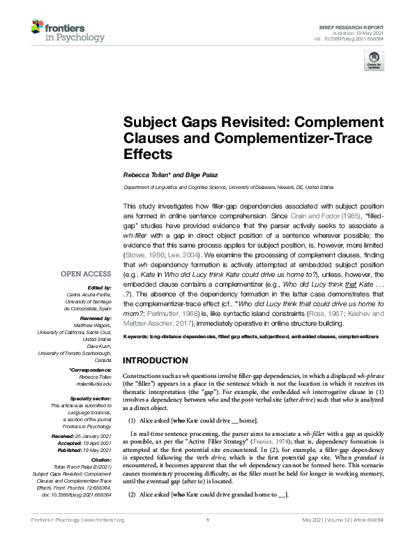 (PDF) Subject Gaps Revisited: Complement Clauses and Complementizer ...