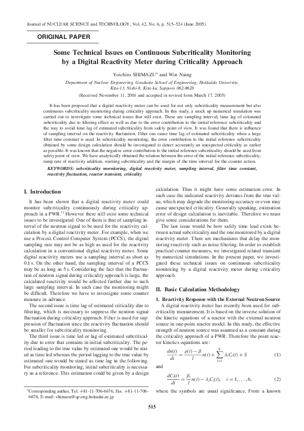 (PDF) Some Technical Issues on Continuous Subcriticality Monitoring by a Digital Reactivity ...