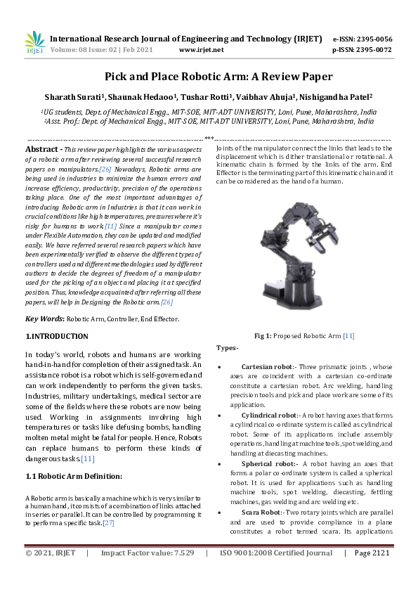 (PDF) Pick and Place Robotic Arm: A Review Paper