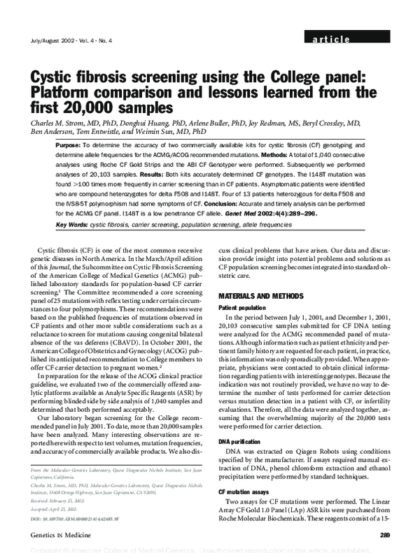 (PDF) Cystic fibrosis screening using the College panel: Platform ...