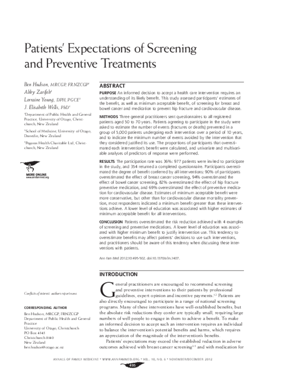 (PDF) Patients' Expectations of Screening and Preventive Treatments