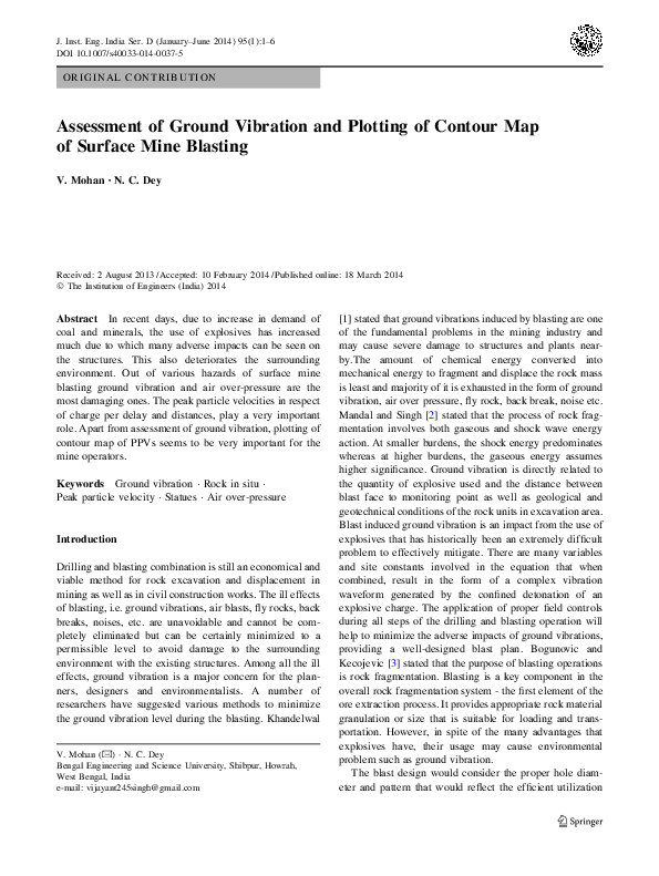 (PDF) Assessment of Ground Vibration and Plotting of Contour Map of Surface Mine Blasting ...