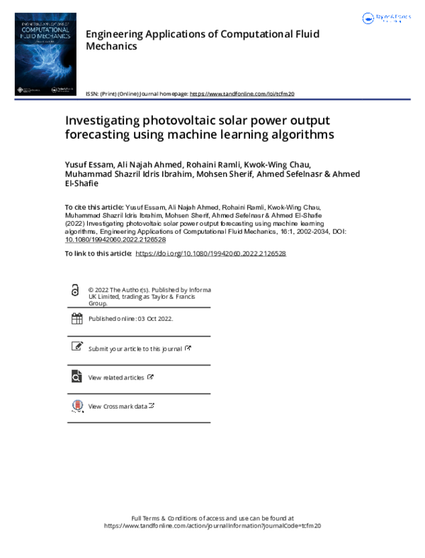 Pdf Investigating Photovoltaic Solar Power Output Forecasting Using