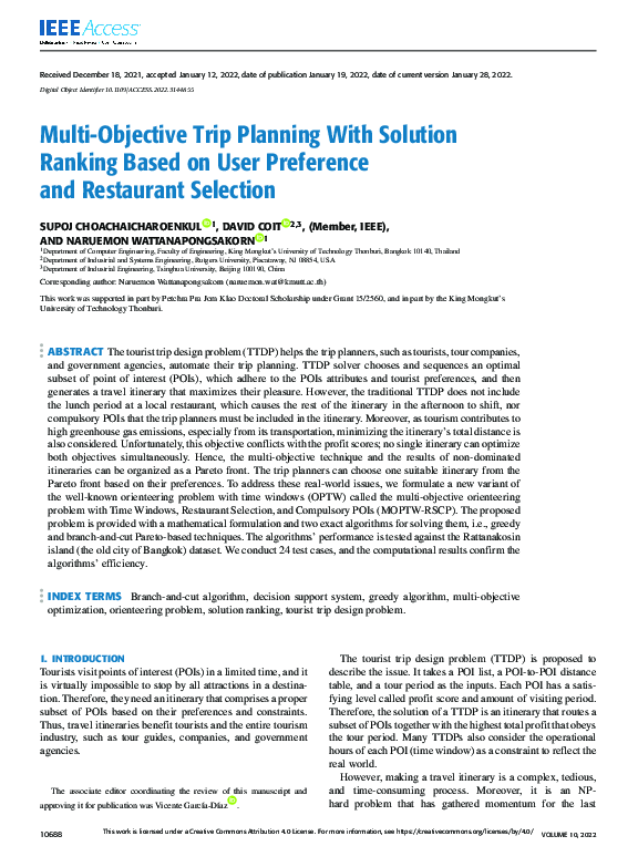 (PDF) Multi-Objective Trip Planning With Solution Ranking Based on User Preference and ...