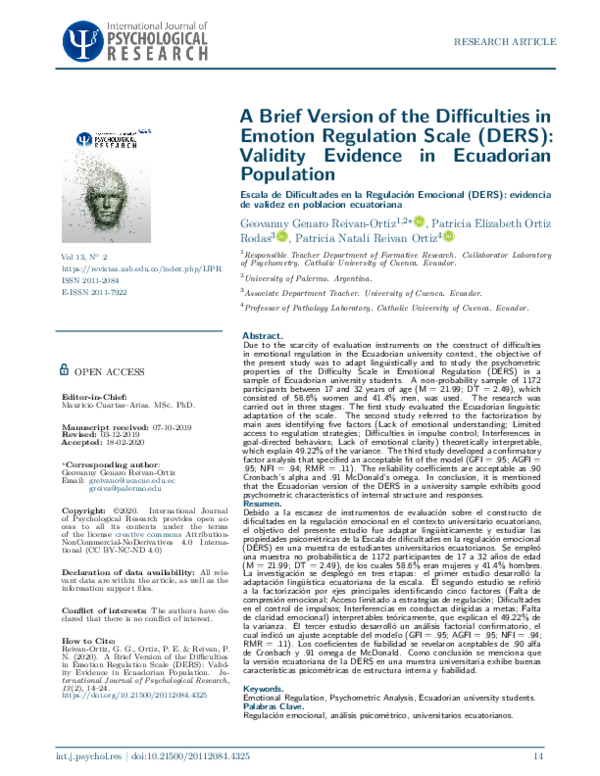 (PDF) A Brief Version of the Difficulties in Emotion Regulation Scale (DERS): Validity Evidence ...