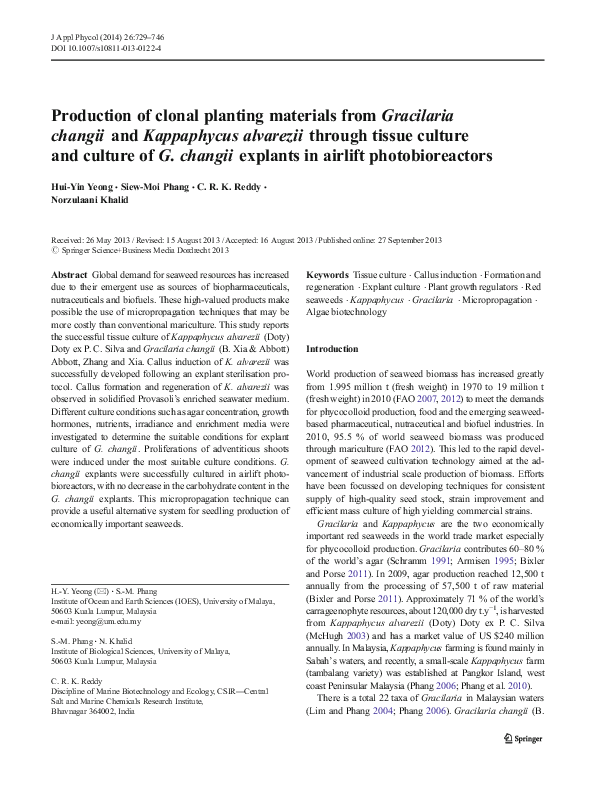 (PDF) Production of clonal planting materials from Gracilaria changii ...