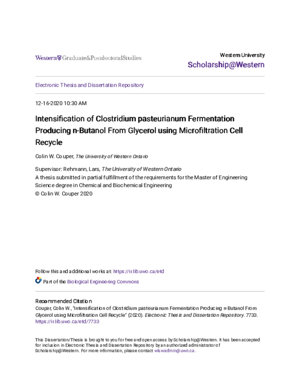 (PDF) Intensification of Clostridium pasteurianum Fermentation ...