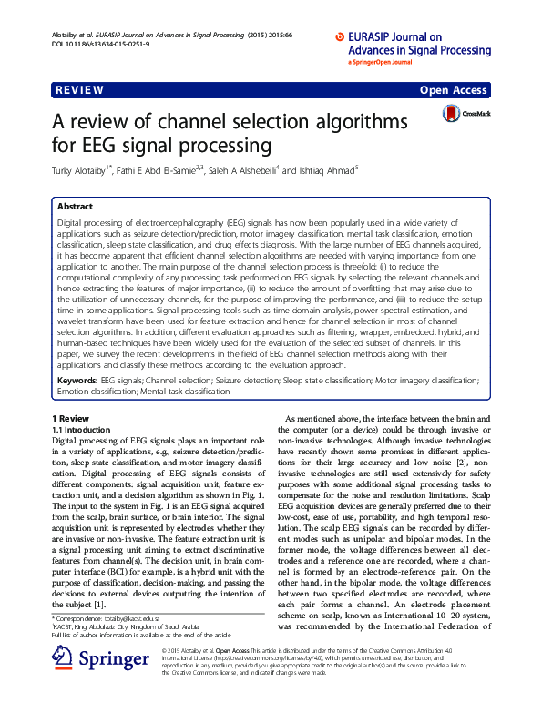 (PDF) A review of channel selection algorithms for EEG signal processing