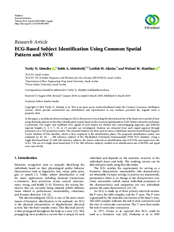 (PDF) ECG-Based Subject Identification Using Common Spatial Pattern and SVM