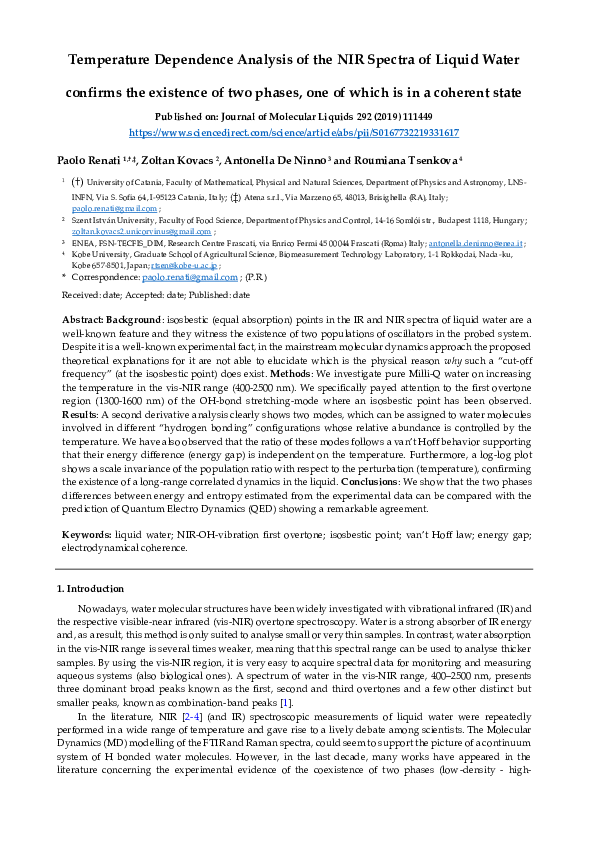 (PDF) Temperature dependence analysis of the NIR spectra of liquid water confirms the existence ...