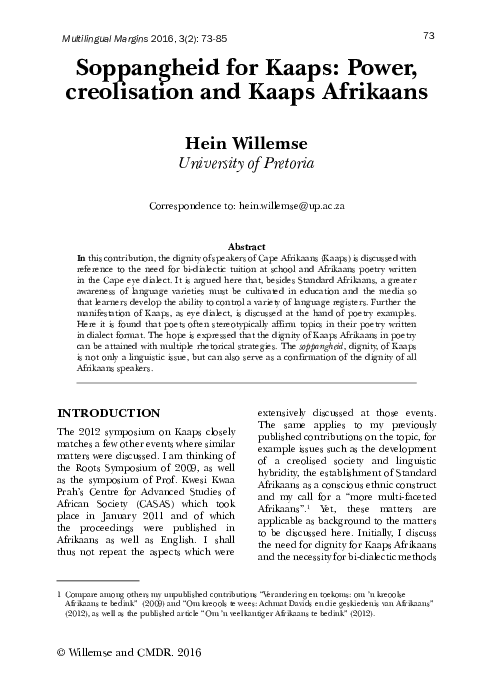 (PDF) Soppangheid for Kaaps: Power, creolisation and Kaaps Afrikaans