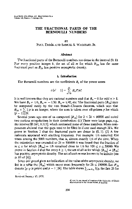 Pdf The Fractional Parts Of The Bernoulli Numbers