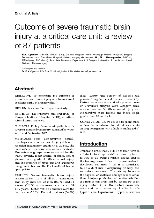 (PDF) Outcome of severe traumatic brain injury at a critical care unit ...