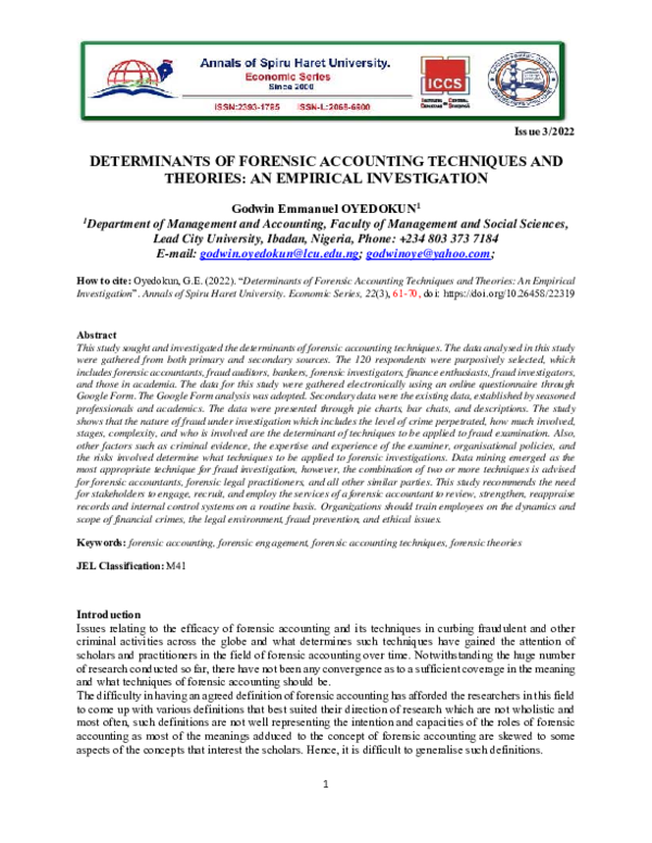 (PDF) DETERMINANTS OF FORENSIC ACCOUNTING TECHNIQUES AND THEORIES: AN EMPIRICAL INVESTIGATION