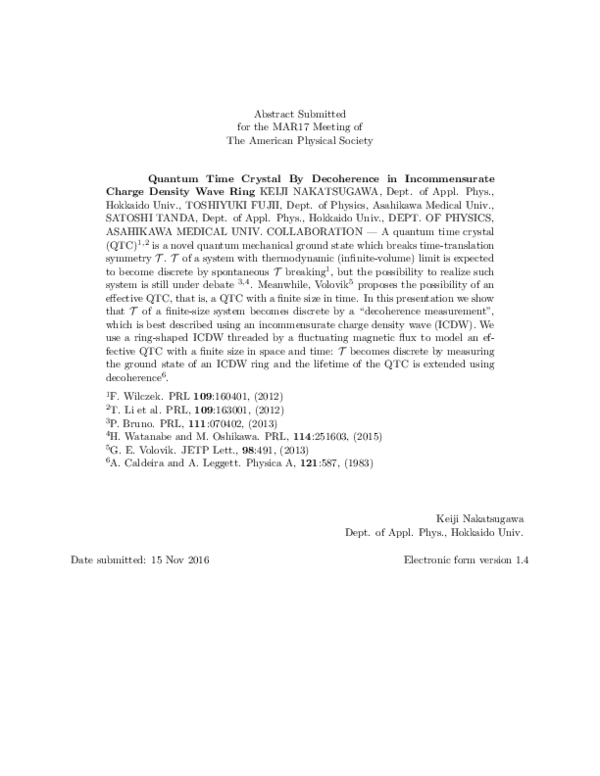 (PDF) Quantum Time Crystal By Decoherence in Incommensurate Charge Density Wave Ring