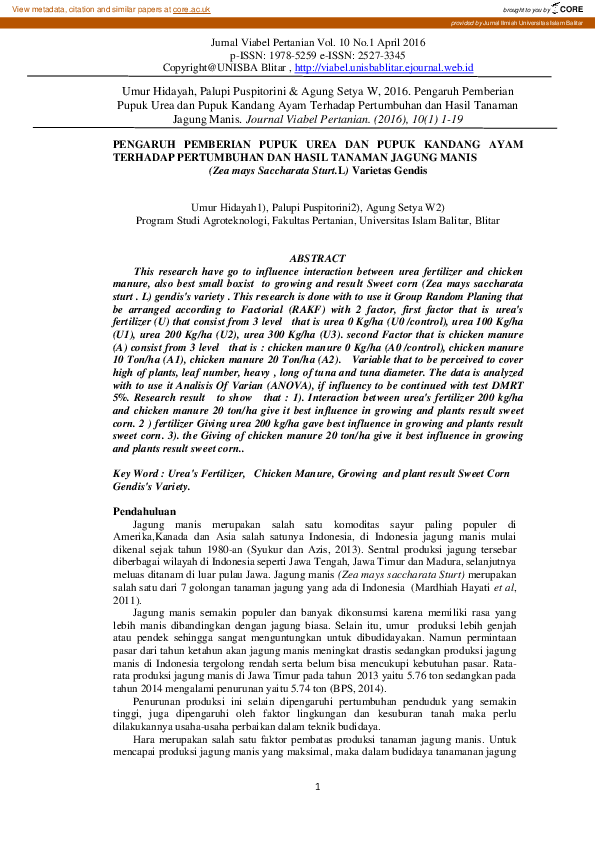(PDF) PENGARUH PEMBERIAN PUPUK UREA DAN PUPUK KANDANG AYAM TERHADAP PERTUMBUHAN DAN HASIL ...