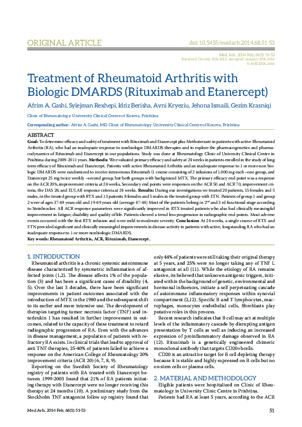 (PDF) Treatment of Rheumatoid Arthritis with Biologic DMARDS (Rituximab and Etanercept)