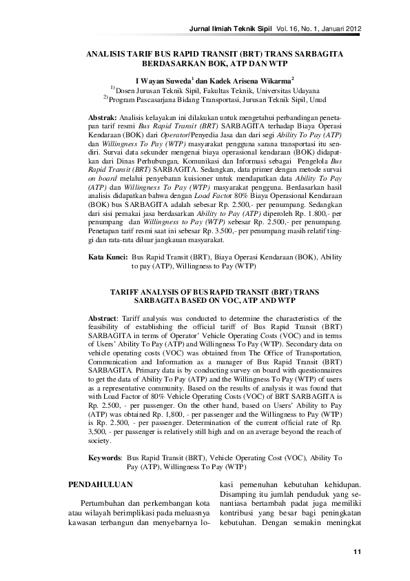 (PDF) Analisis Tarif Bus Rapid Transit (BRT) Trans Sarbagita Berdasarkan Bok, Atp Dan WTP