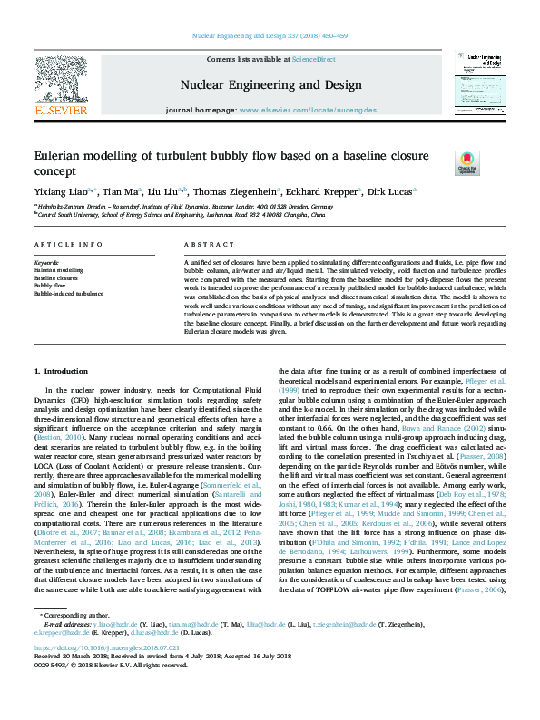 Pdf Eulerian Modelling Of Turbulent Bubbly Flow Based On A Baseline Closure Concept Yixiang