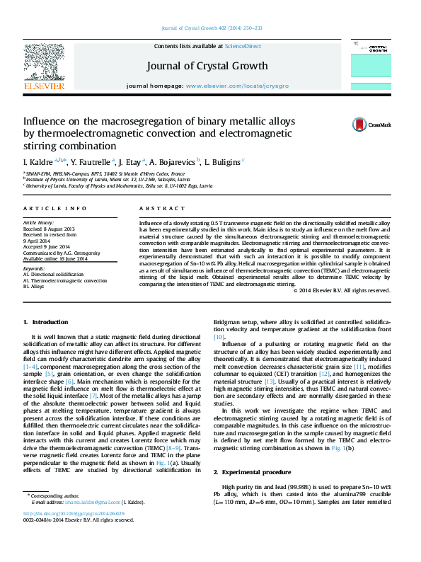 (PDF) Influence on the macrosegregation of binary metallic alloys by thermoelectromagnetic ...