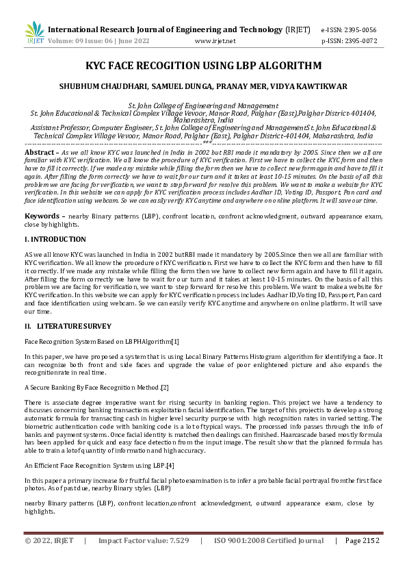 Pdf Kyc Face Recogition Using Lbp Algorithm 5746