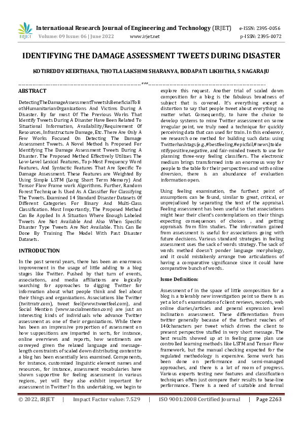 (PDF) IDENTIFYING THE DAMAGE ASSESSMENT TWEETS DURING DISASTER