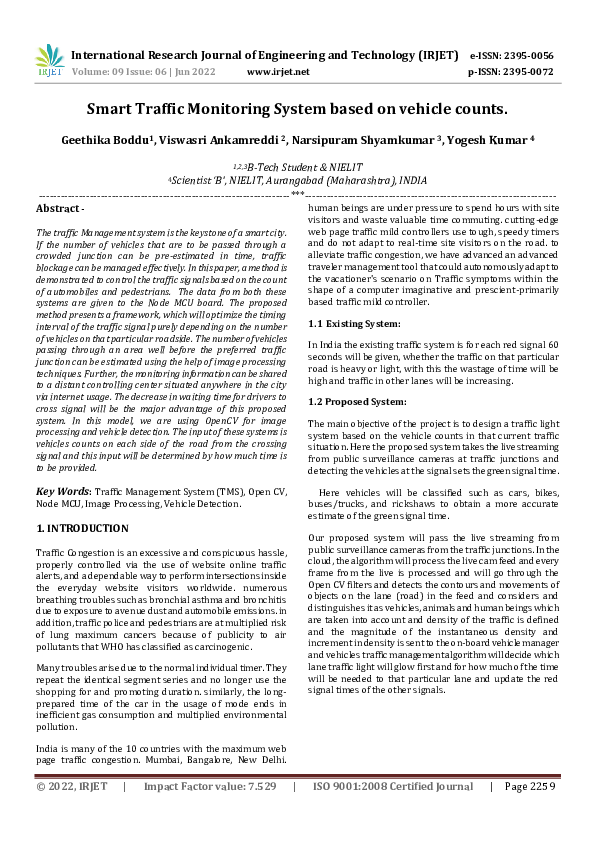 (PDF) Smart Traffic Monitoring System based on vehicle counts