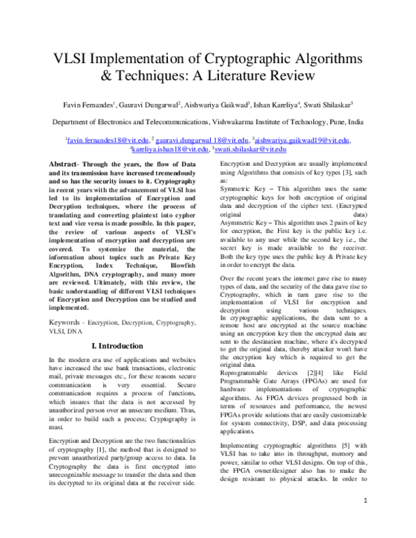 Pdf Vlsi Implementation Of Cryptographic Algorithmsandtechniques A