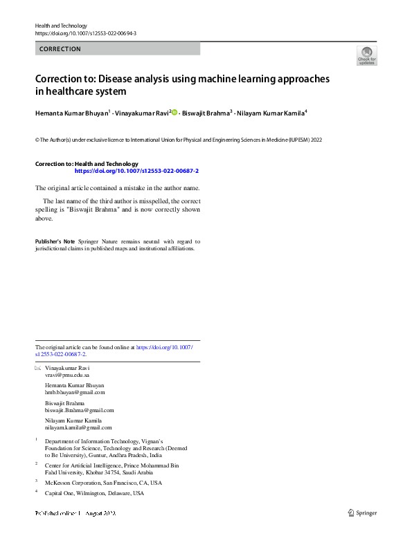 (PDF) Correction to: Disease analysis using machine learning approaches in healthcare system