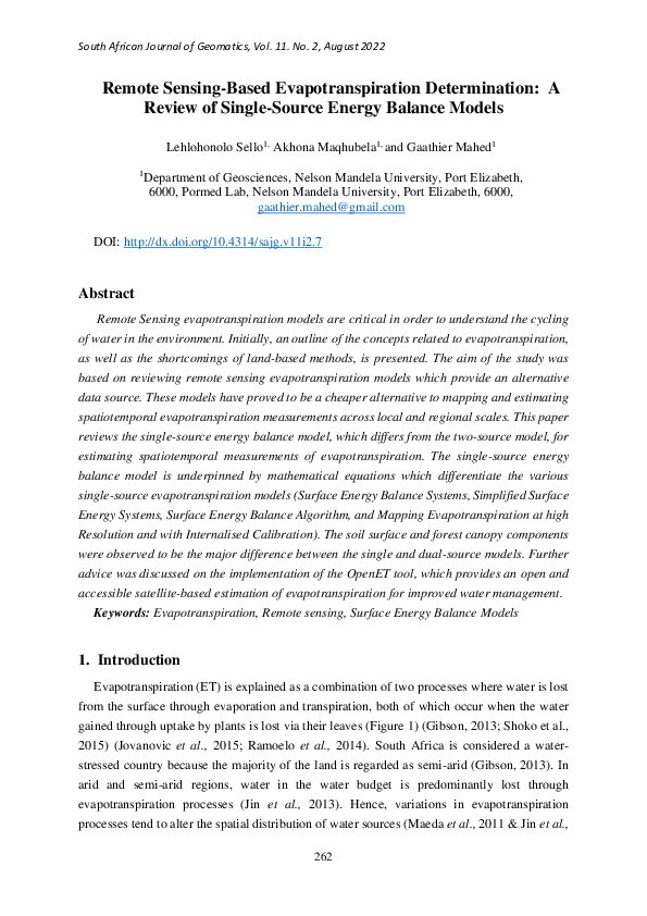 Pdf Remote Sensing Based Evapotranspiration Determination A Review Of Single Source Energy