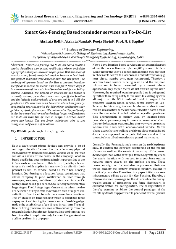 (PDF) Smart Geo-Fencing Based reminder services on To-Do-List