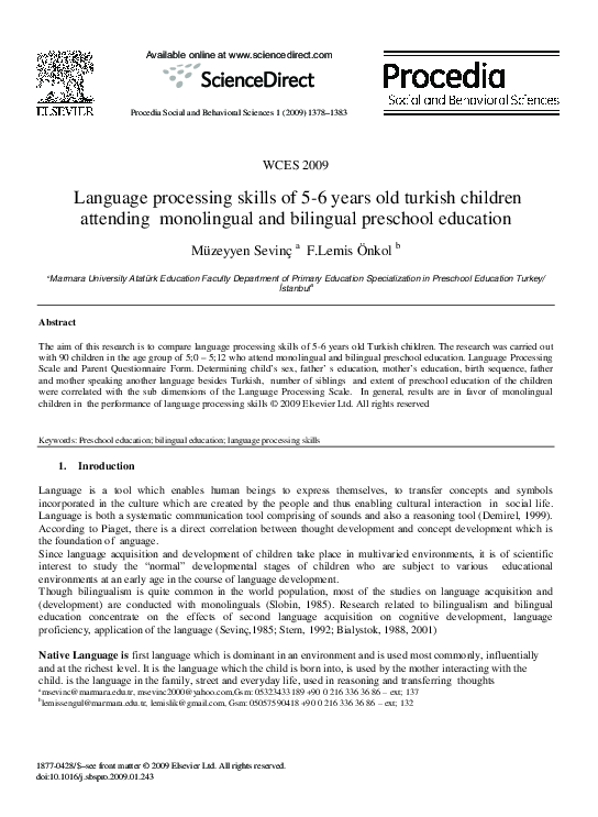 (PDF) Language processing skills of 5-6 years old turkish children attending monolingual and ...