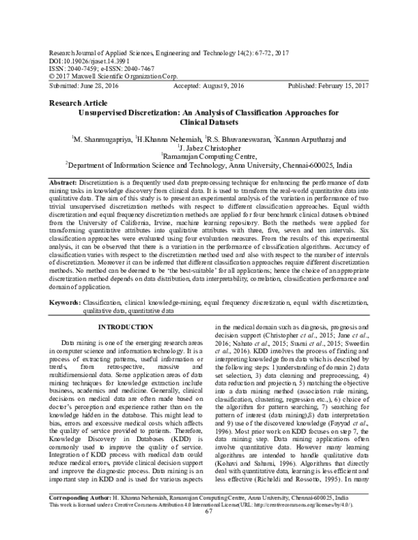 Pdf Unsupervised Discretization An Analysis Of Classification Approaches For Clinical 