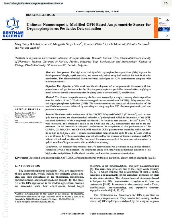 Pdf Chitosan Nanocomposite Modified Oph Based Amperometric Sensor For Organophosphorus
