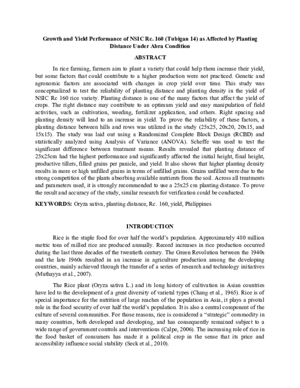 (DOC) Growth and Yield Performance of NSIC Rc. 160 (Tubigan 14) as ...