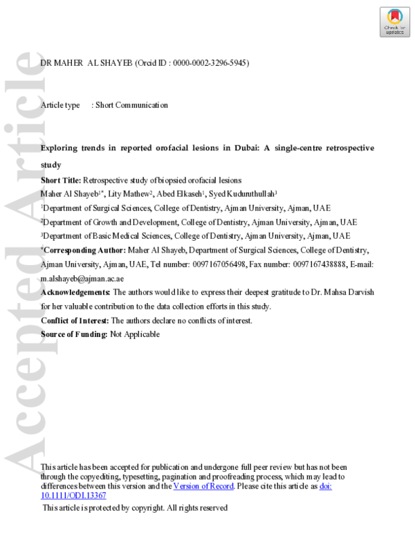 (PDF) Exploring trends in reported orofacial lesions in Dubai: A single ...