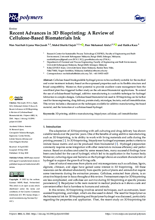 (PDF) Recent Advances in 3D Bioprinting: A Review of Cellulose-Based ...