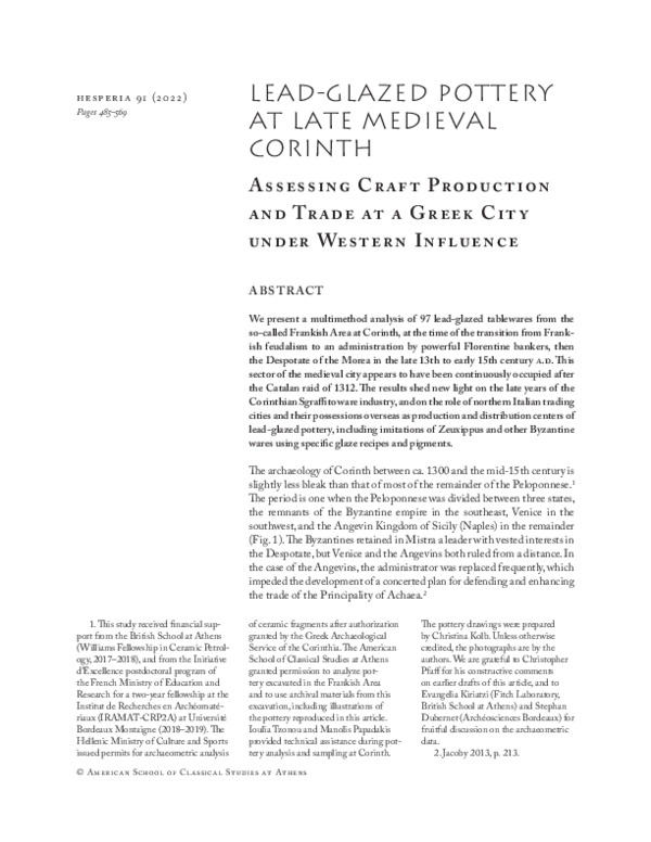 (PDF) LEAD-GLAZED POTTERY AT LATE MEDIEVAL CORINTH Assessing Craf t ...