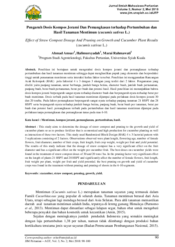 (PDF) Pengaruh Dosis Kompos Jerami dan Pemangkasan Terhadap Pertumbuhan dan Hasil Tanaman ...