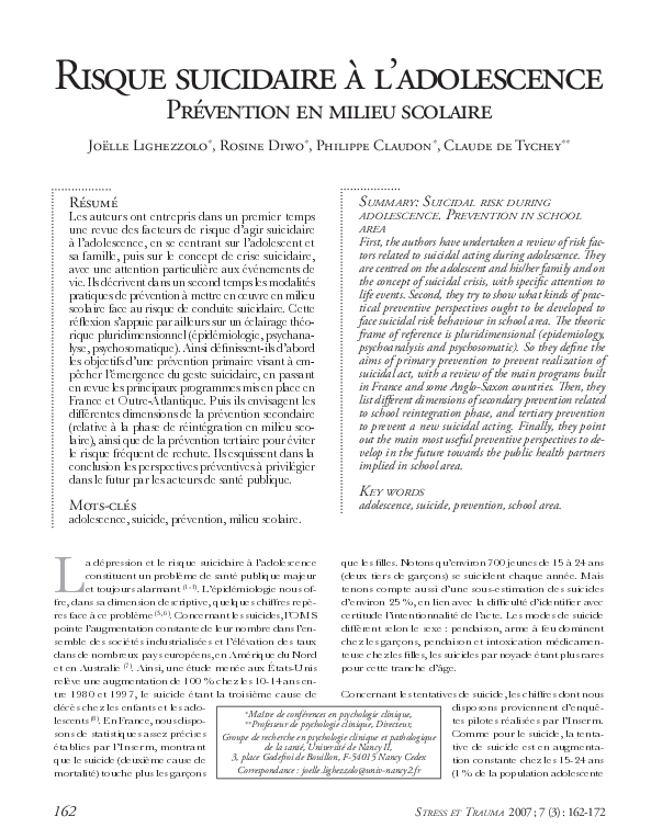 (PDF) Risque suicidaire à l'adolescence : Prévention en milieu scolaire