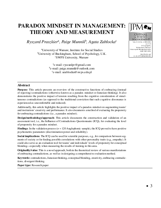 (PDF) Paradox Mindset in Management: Theory and Measurement
