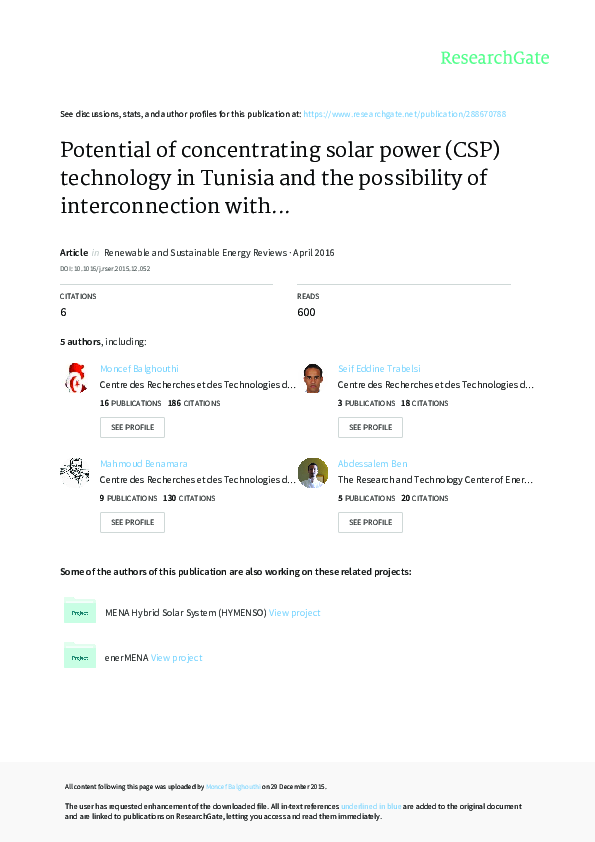 (PDF) Potential of concentrating solar power (CSP) technology in Tunisia and the possibility of ...