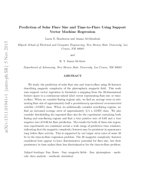 (PDF) Prediction of Solar Flare Size and Time-To-Flare Using Support ...