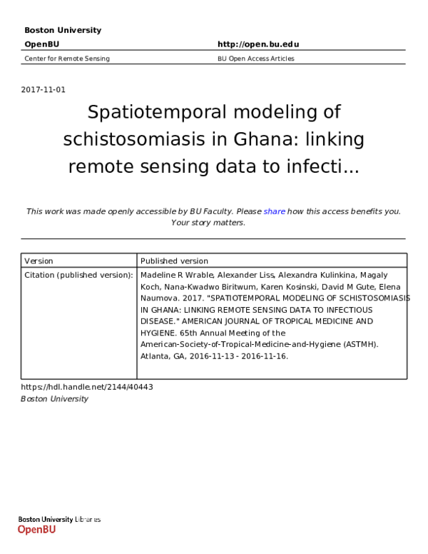 (PDF) Spatiotemporal modeling of schistosomiasis in Ghana: linking remote sensing data to ...
