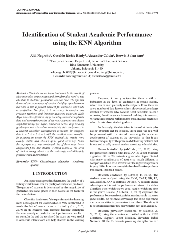 (PDF) Identification of Student Academic Performance using the KNN Algorithm