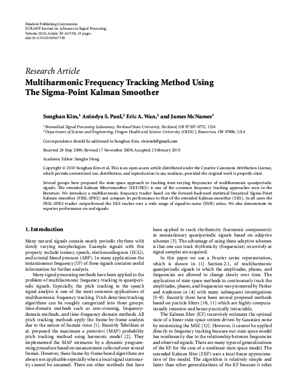 (PDF) Multiharmonic Frequency Tracking Method Using The Sigma-Point Kalman Smoother