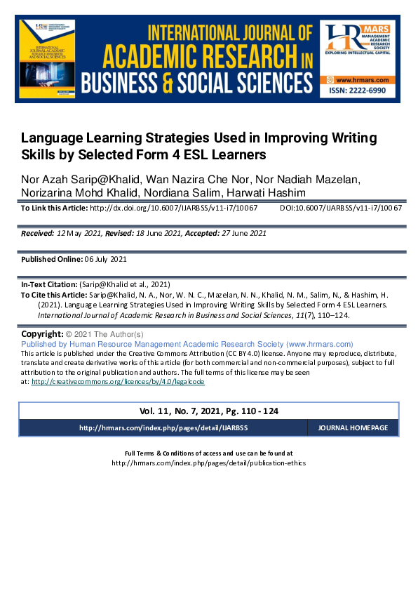 (PDF) Language Learning Strategies Used in Improving Writing Skills by Selected Form 4 ESL Learners