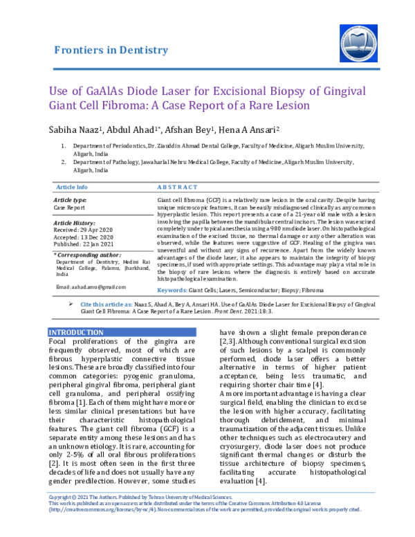 (PDF) Use of GaAlAs Diode Laser for Excisional Biopsy of Gingival Giant ...